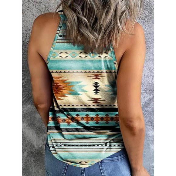 Tops | Southwestern Tribal Print Halter Neck Tank Top Turquoise Tan ...